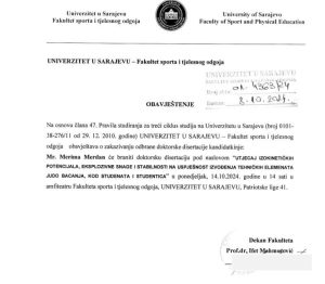 OBAVJEŠTENJE O ODBRANI - Fakultet sporta i tjelesnog odgoja